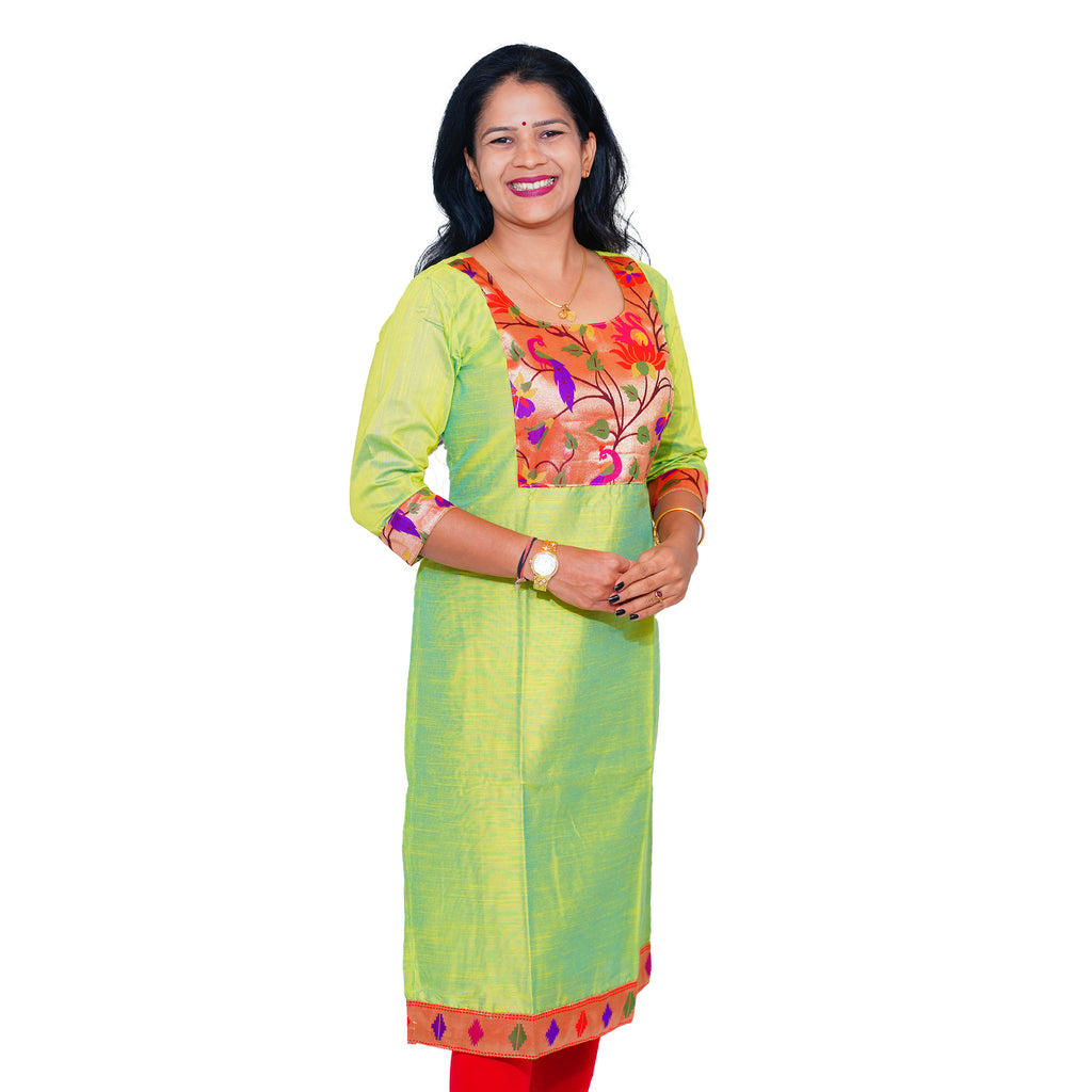 Ladies Paithani Kurti - Parrot Green – Dhana's Paithani